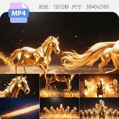 高清2026马年贺岁金色骏马万马奔腾金色马群几何镜面视频素材