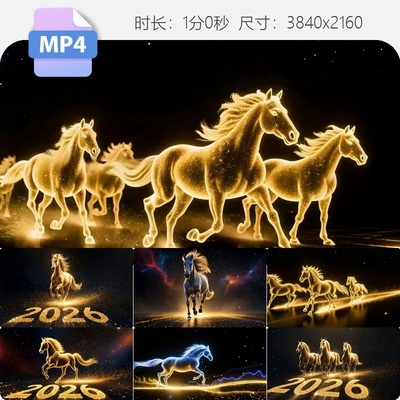 高清2026马年春节生肖金马万马奔腾骏马奔跑粒子马开门红视频素材