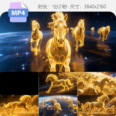 高清金马贺岁万马奔腾金色粒子马奔跑星尘银河舞台舞美视频素材