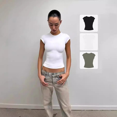 现货tankair辣妹亲肤裸感弹力紧身健身正肩小飞袖T恤运动速干