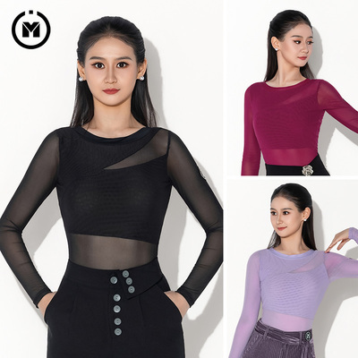 摩登舞上装女长袖透视网纱