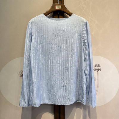 真丝揉叠绉清新简约圆领长袖套头百搭通勤气质休闲上衣28-2-3