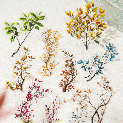 枝叶生长PET防水手账贴纸植物树叶花朵盐系咕卡手帐拼贴素材贴画