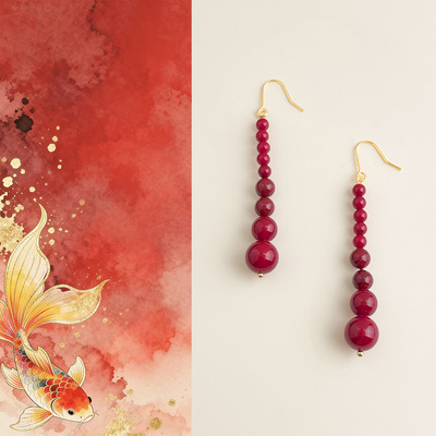 国风新中式红色串珠流苏长款耳环复古文艺新年款气质感耳饰女