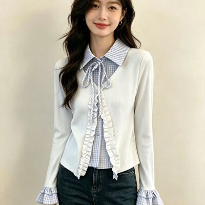 加小码秋装女装矮个子150cm新款XXS假两件格拼接长袖衬衫木耳边