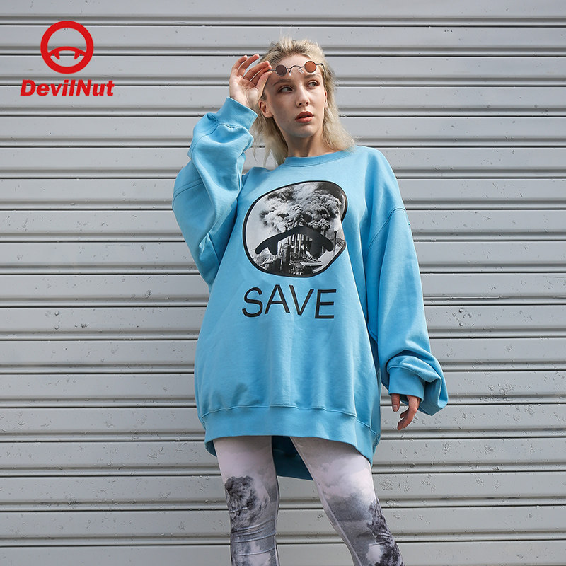 DEVIL NUT潮牌恶魔 2021秋季新款男女蓝色宽松卫衣拯救地球 STO_虎窝淘