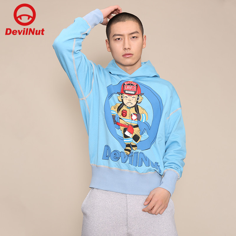 DEVIL NUT潮牌恶魔男女同款 N倒三角复古卫衣(套帽)-消防员 AET_虎窝淘