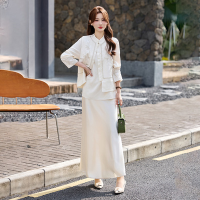 2026春季新款中式钉珠亮片国风重工刺绣马甲衬衫半裙三件套HM2604