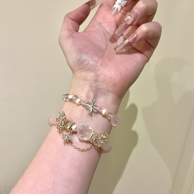 多面体原创 天然粉水晶合金手链马粉水晶招桃花珍珠猫爪天然水晶