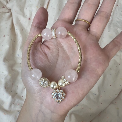 多面体原创 天然粉水晶手链手串女款温柔可爱精致小清新马粉半镯