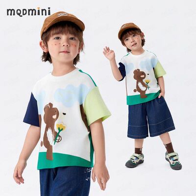 MQDmini男童短袖t恤夏季新款中小童装小熊印花圆领上衣幼儿园宝宝