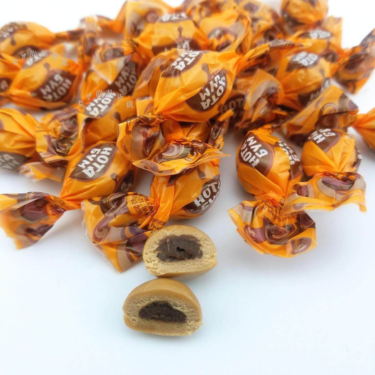 俄罗斯KDV炼乳糖音符榛子味巧克力酱夹心糖250克_虎窝淘