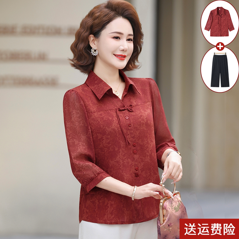 小个子妈妈夏装翻领香云纱上衣中老年新款七分袖短袖t恤衫套装女