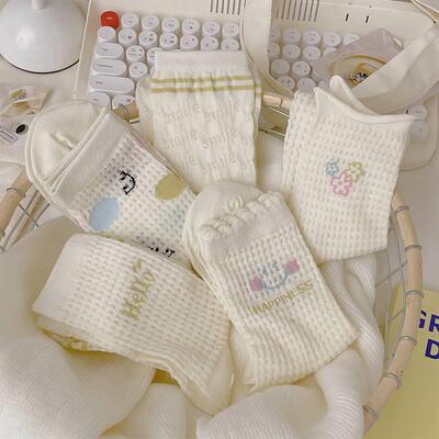 花边袜子女中筒棉袜夏季薄款可爱卡通木耳边透气网眼夏天堆堆长袜