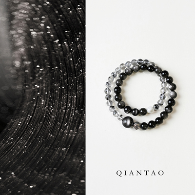 QIANTAO「梵音」天然银曜石手串黑闪灵雪花幽灵水晶手链情侣礼物