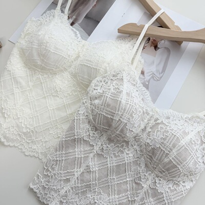 法式格纹 蕾丝 睫毛 吊带百搭性感蕾丝美背吊带背心女春