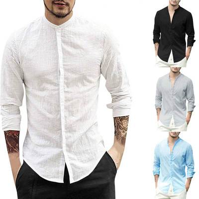 Men Shirt Long Sleeve Linen Casual Shirts Summer Beach Top