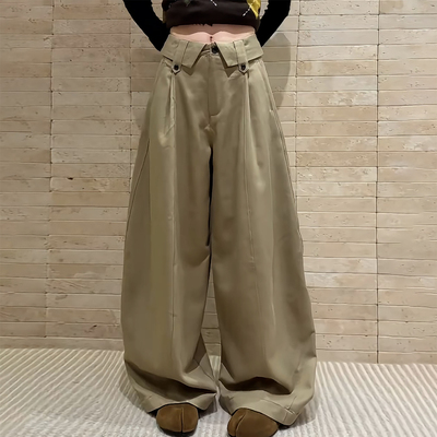 慵懒松弛个性翻折腰阔腿拖地长裤