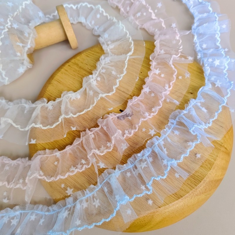 星星网纱双层褶皱花边 奶油浅米黄粉色蓝色DIY童装洛丽塔裙边玩偶