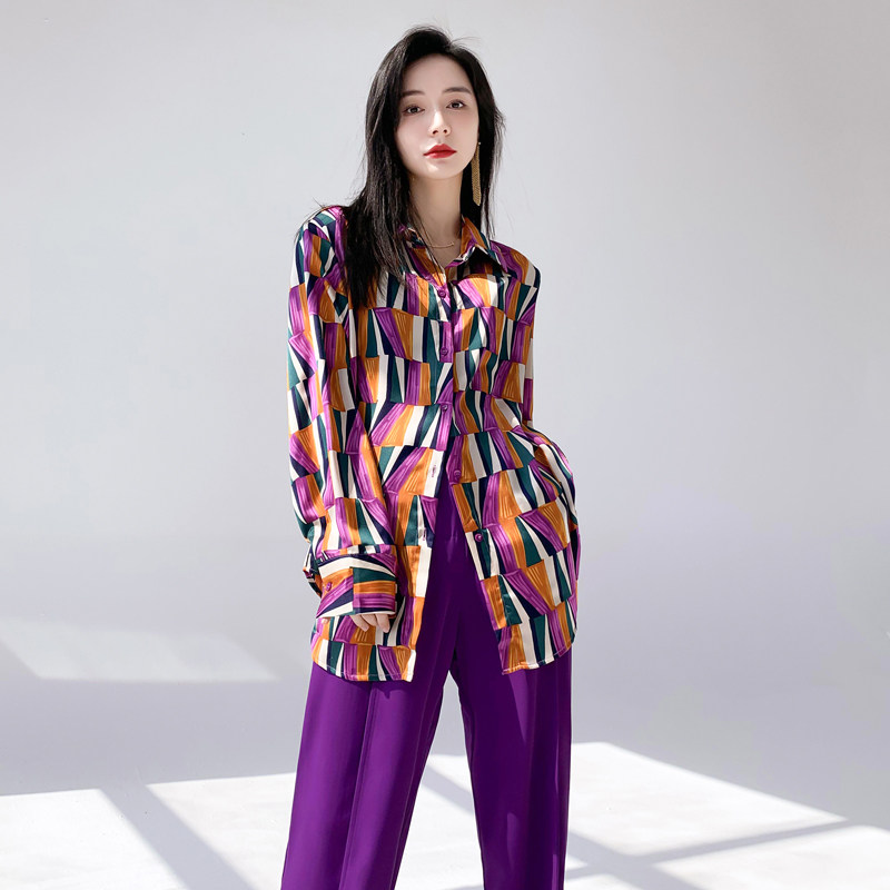AKSAYA高级设计感小众时尚港风复古紫色衬衣女长袖印花衬衫春秋季_虎窝淘