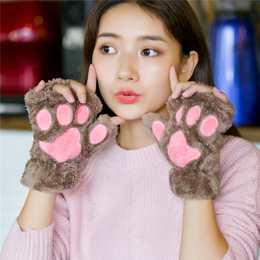 女士猫爪手套 卡通熊掌半指手套 冬季保暖手套 可爱学生露指手套