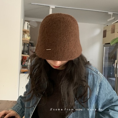 藏羊毛纯色水桶盆帽秋冬保暖