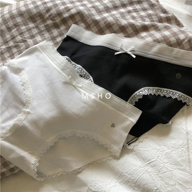 ooahz 经典黑白配~舒适透气纯棉内裤蕾丝边蝴蝶结低腰女士内裤