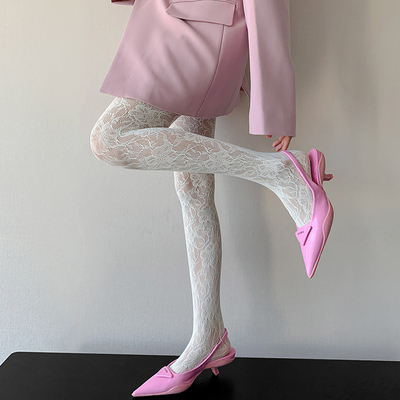 白色蕾丝花朵渔网袜女春夏薄款jk提花丝袜打底袜镂空防勾丝连裤袜