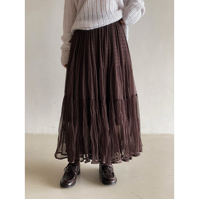 【的梦核】歌铭纯色简约压褶网纱蛋糕裙2025秋季中长裙n552c