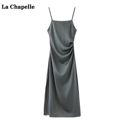 拉夏贝尔/La Chapelle法式褶皱吊带连衣裙女夏季新款中长款a字裙