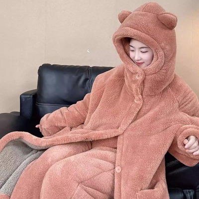 【三层加厚】冬保暖睡衣家居服套装中长款睡袍毛绒浴袍加厚情侣款