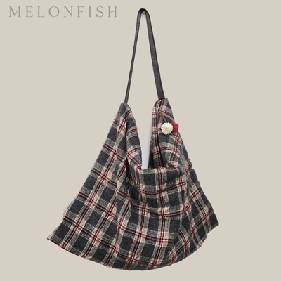 羊毛格纹流浪包帆布大容量托特包