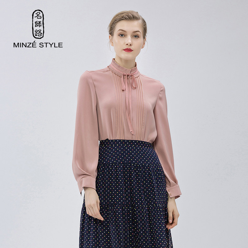 MINZE STYLE/名师路洋气粉色衬衣春百褶领口雪纺衬衫女长袖_虎窝淘