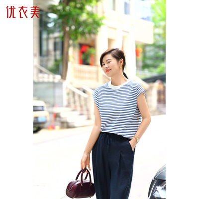 优衣美蓝白条纹T恤宽松气质简洁不失腔调圆领短袖上衣12632