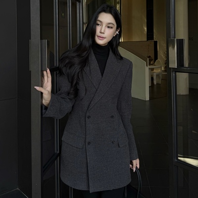 Vane韦恩韩系双排扣毛呢大衣女中长款西装外套女气质名媛高级感