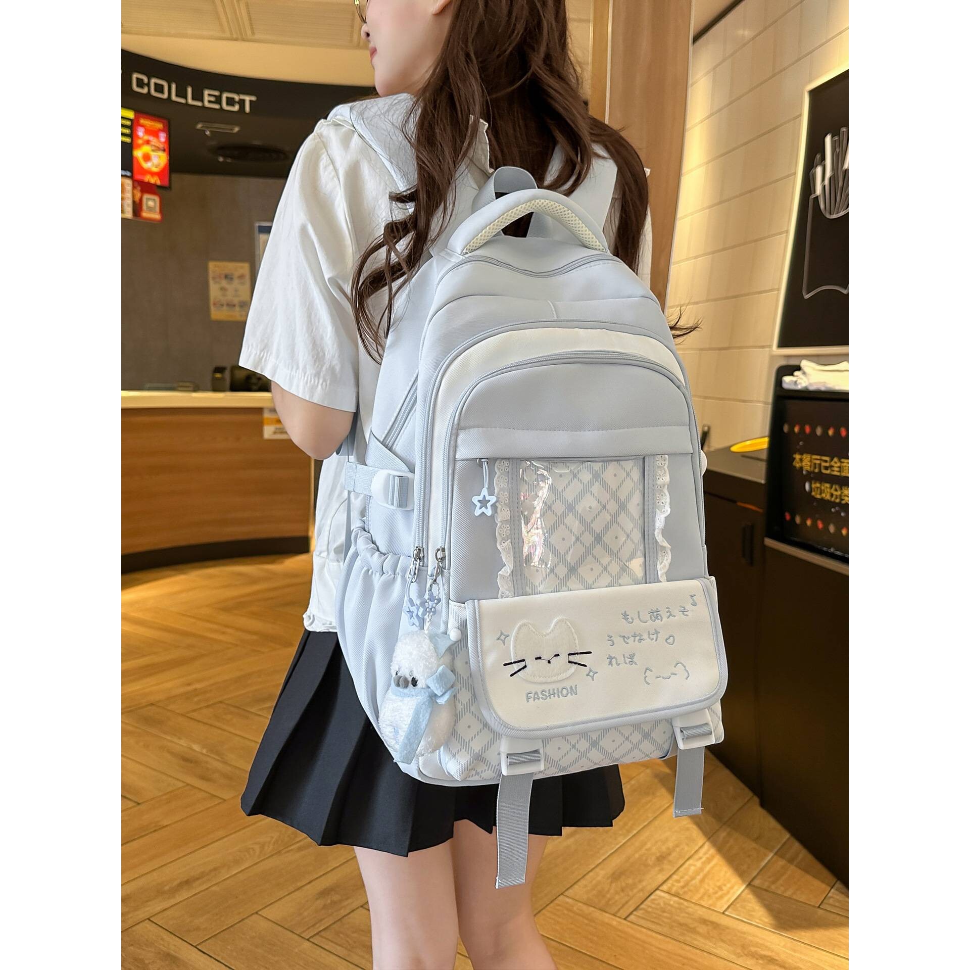 专柜品牌清新蓝白猫咪刺绣痛包双肩背包高颜值学院风初高中女生多