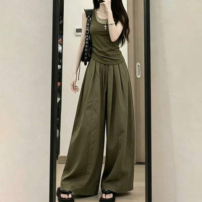 夏装搭配一整套女慵懒风假两件吊带背心高腰阔腿裤子军绿色两件套
