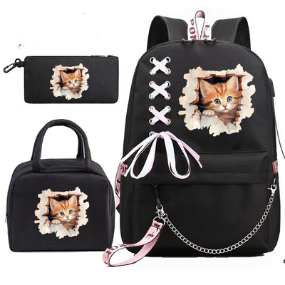 3D猫猫 镂空卡通印花书包初高中生校园学生双肩背包三合一0629