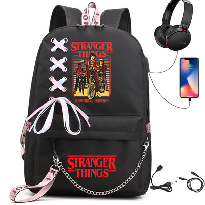 跨境爆款美剧怪奇物语双肩包USB充电背包学生青少年书包stranger