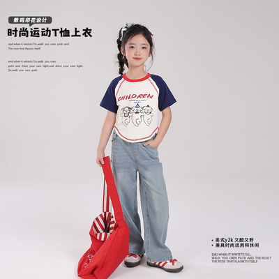 82124D女童短袖T恤可爱拼接卡通衣服2026夏季新款洋气插肩袖上衣