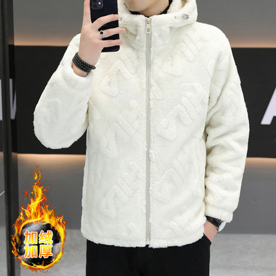 轻奢冬季男装连帽加绒加厚夹克时尚长款保暖羊羔毛百搭外套男
