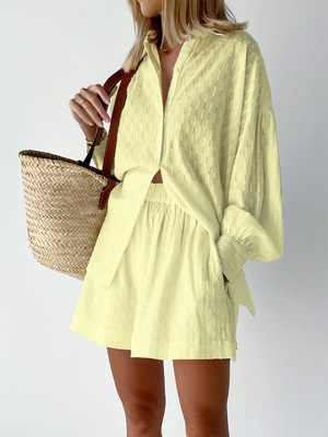 棉提花泡泡袖衬衣短裤套装休闲