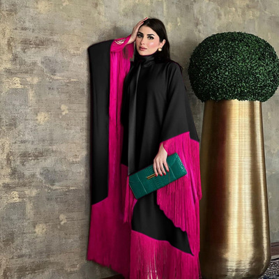 东南亚大摆裙拼色流苏中东长袍