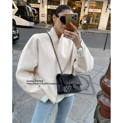 2025秋欧美荣松毛呢短款V领外套