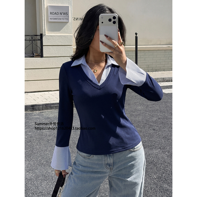 欧美时尚拼接条纹撞色长袖T恤女