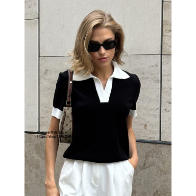 POLO领撞色修身短袖针织上衣女