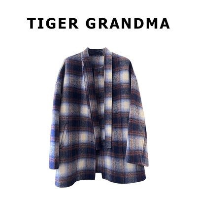 大奇TG【飘带格纹】初剪羊毛羊驼毛中长款宽松双面呢外套