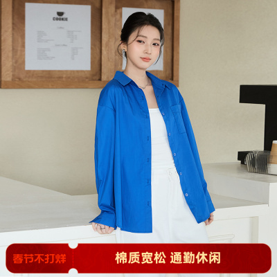 蓝色宽松长袖通勤衬衫女
