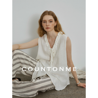 COUNTONME 两面穿100%亚麻手工木耳边V领绑带无袖坎肩衬衫上衣