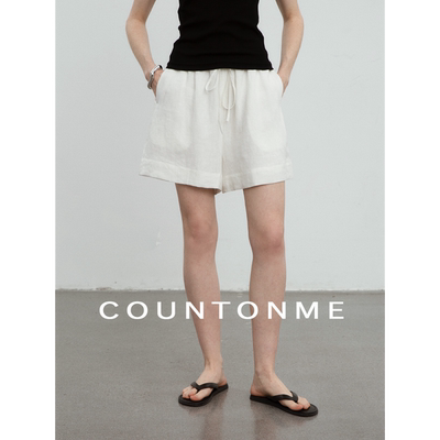 COUNTONME 慵懒舒适/ 天然全亚麻日常度假松紧高腰百搭短裤